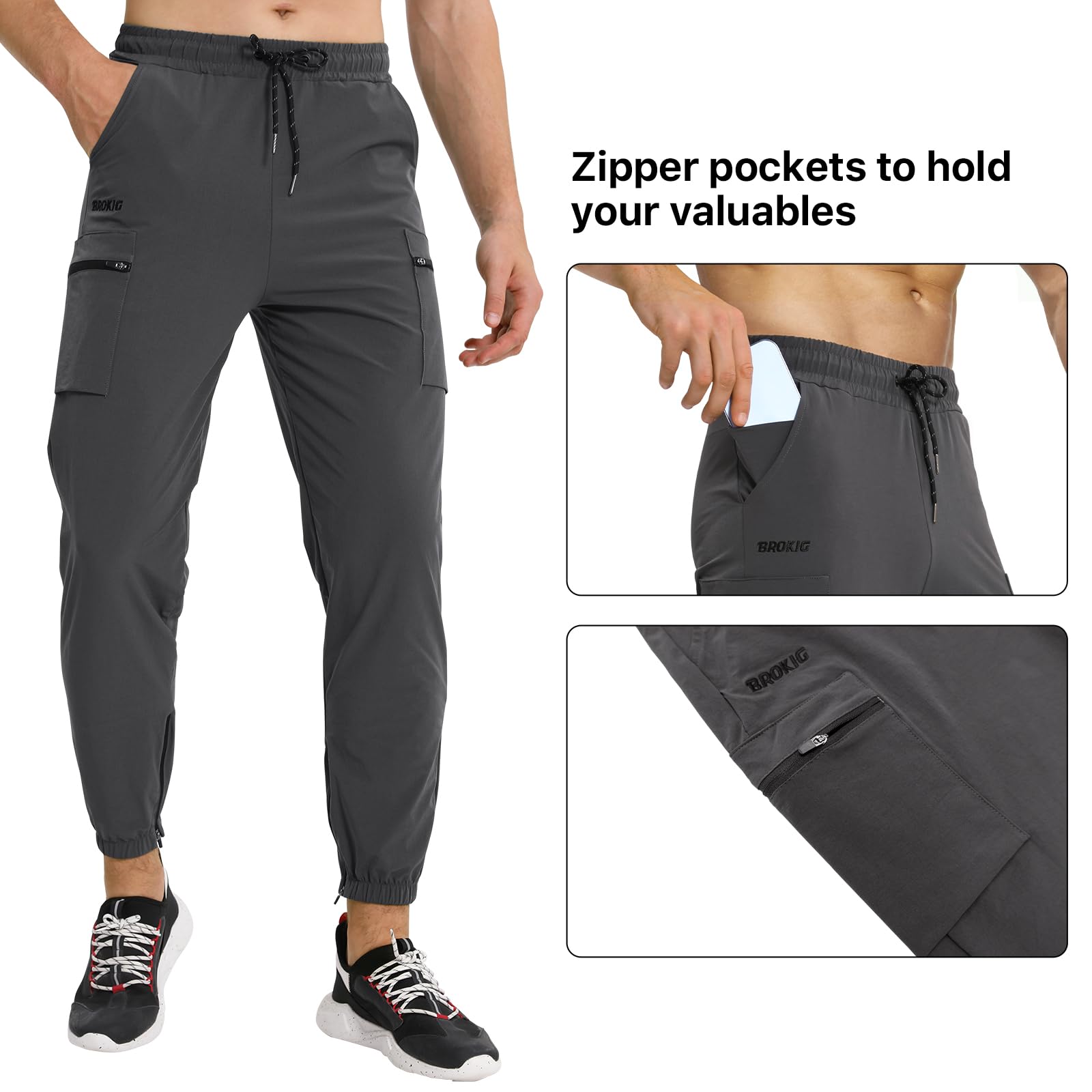 BROKIG Men's Joggers Lightweight Workout Pants Ankle Zip Gym Athletic Sports Running Sweatpants Men with Pockets(Dark Grey,Large)
