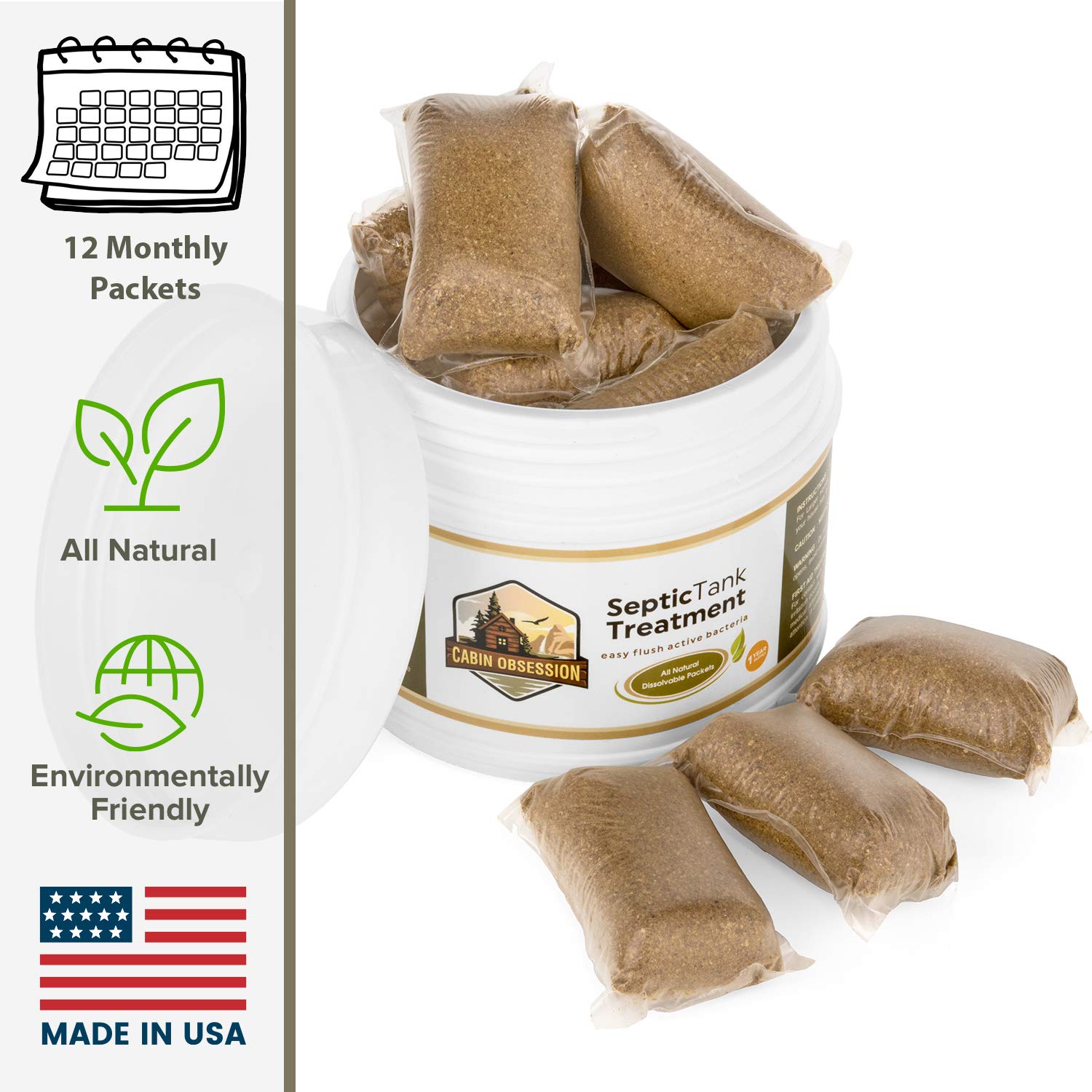 Septic Tank Treatment - 1 Year Supply of Dissolvable Easy Flush Live Bacteria Packets (12 Count) - Best Way to Prevent Expensive Sewage Backups - Made in USA