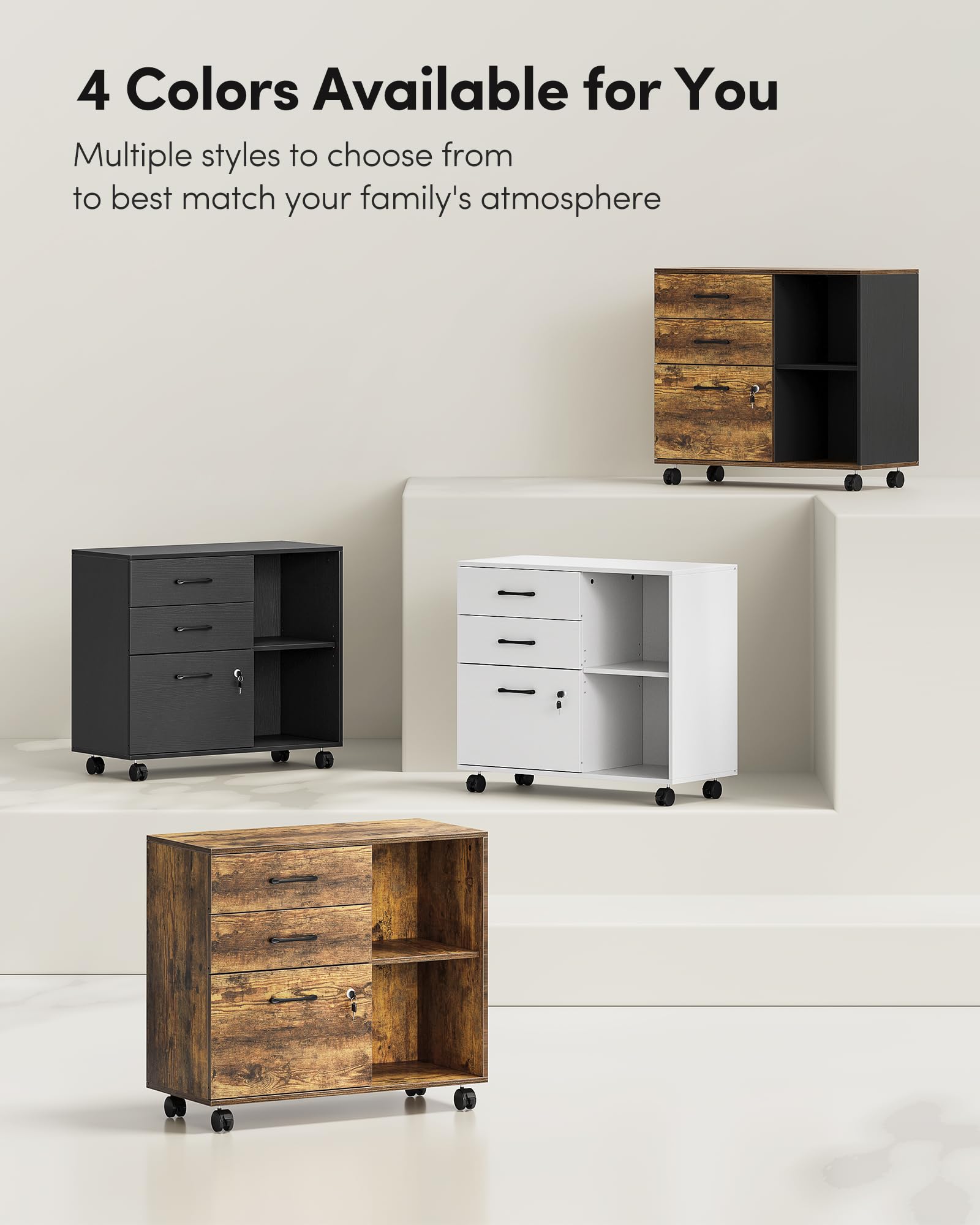 FEZIBO 3-Drawer Mobile File Cabinet, Lateral Filing Cabinet with Lock, Printer Stand with Open Storage Shelves for Home Office, Rustic Brown