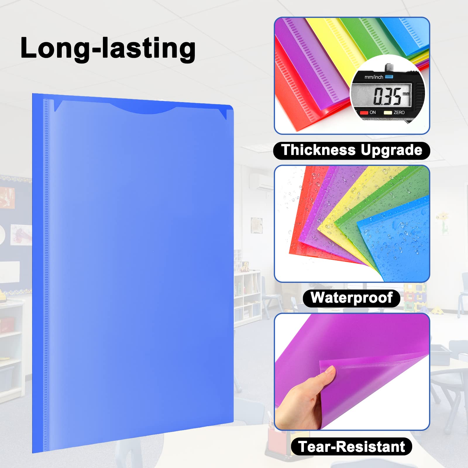 Sooez 5 PCS Colored Folders with Pockets, Customizable Cover Plastic Folders with Pockets, 2 Pocket Plastic Folders with 5 Extra Label Stickers, Durable Plastic Folders for School, Office and Home