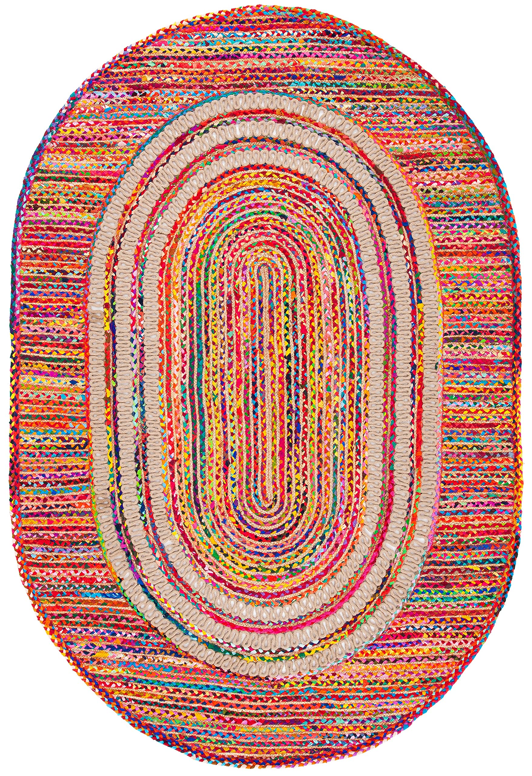 SAFAVIEH Braided Collection 4' x 6' Oval Pink / Red BRD263U Handmade Boho Reversible Cotton & Jute Area Rug