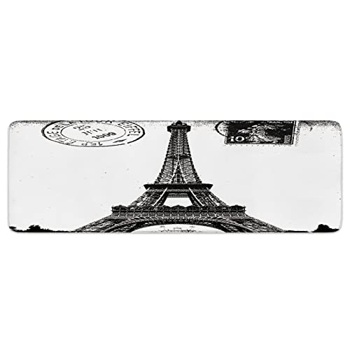 Kitchen Rug Eiffel Tower Vintage Stamp City Scape,Non Slip Door Mat Absorbent Front Carpet Black and White Art,Soft Floor Mats for Bathroom Living Room Hallway Decor 20x63In