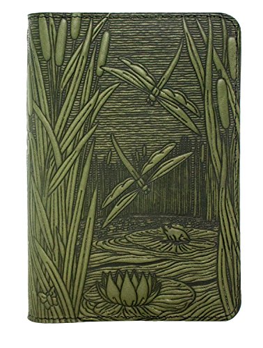 Oberon Design Dragonfly Pond Pocket Notebook Cover, Fits Many 5.5 x 3.5 Inch Notebooks, Embossed Genuine Leather, Fern Color, Made in the USA