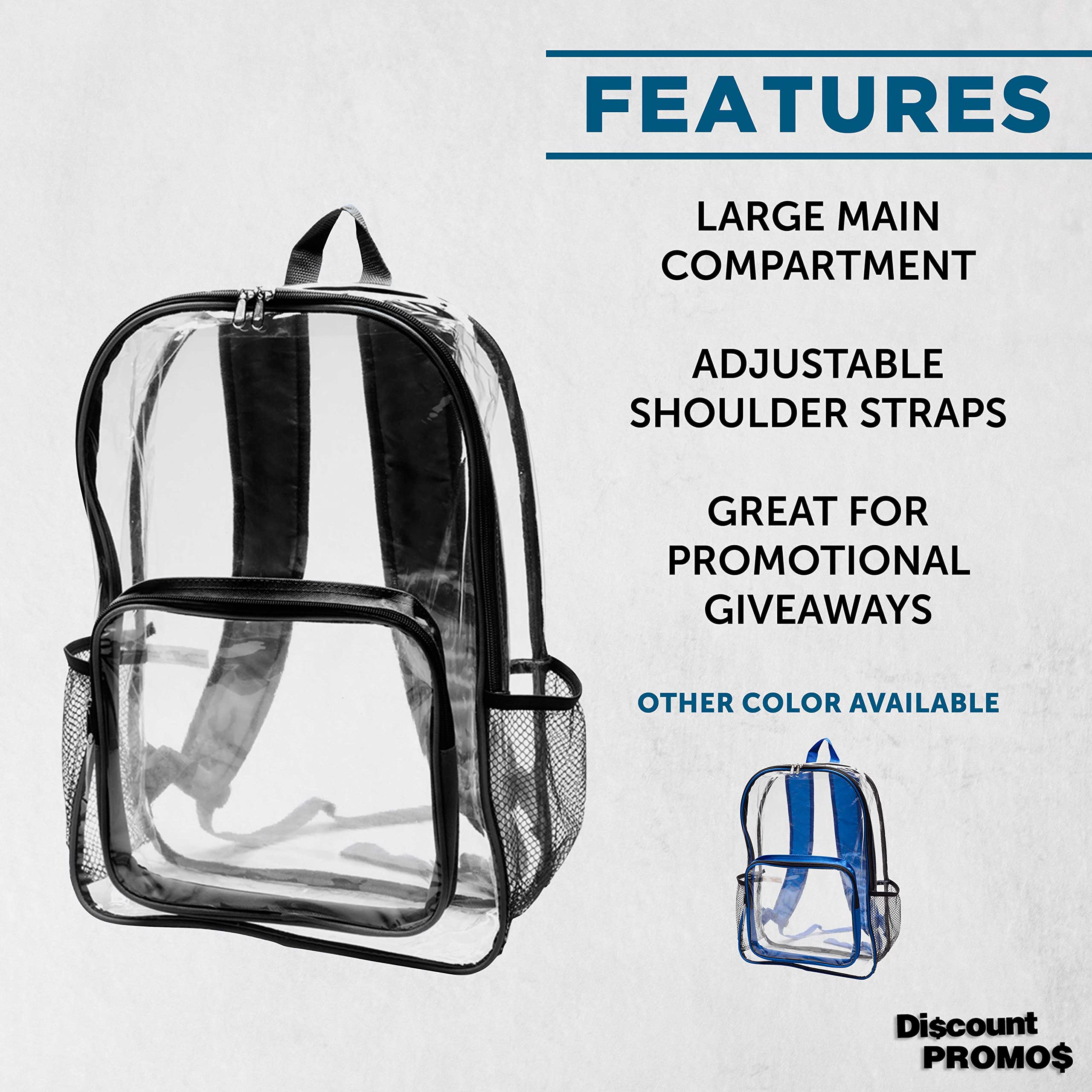 DISCOUNT PROMOS Heavy Duty Clear Plastic Backpacks Set of 6, Bulk Pack - PVC, Water Resistant, Great for School, Travel - Clear/Black