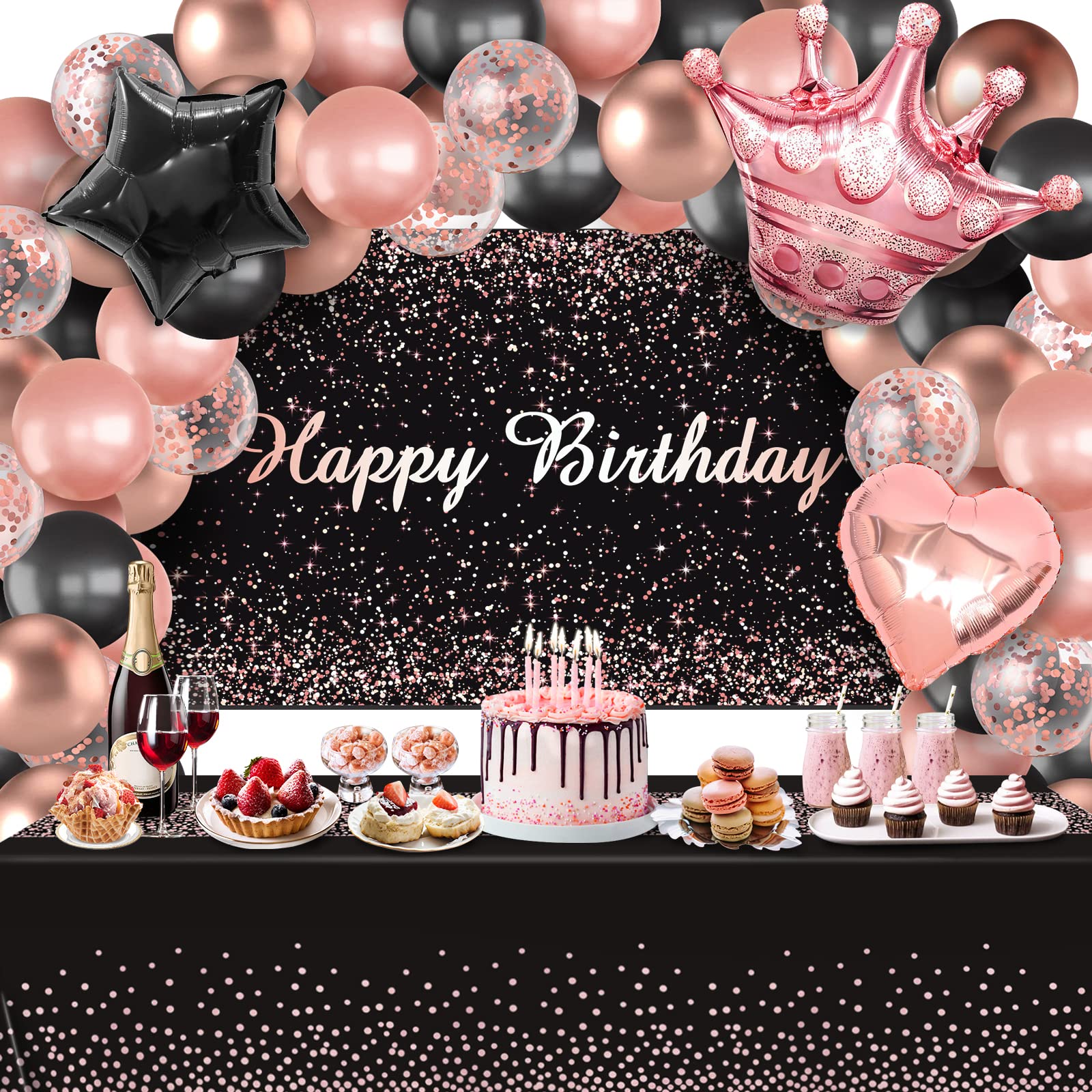 Black and Rose Gold Party Decorations, Rose Gold and Black Balloon Garland Kit with Birthday Backdrop Tablecloth for Women Girls Rose Gold Black Birthday Party Decorations Supplies