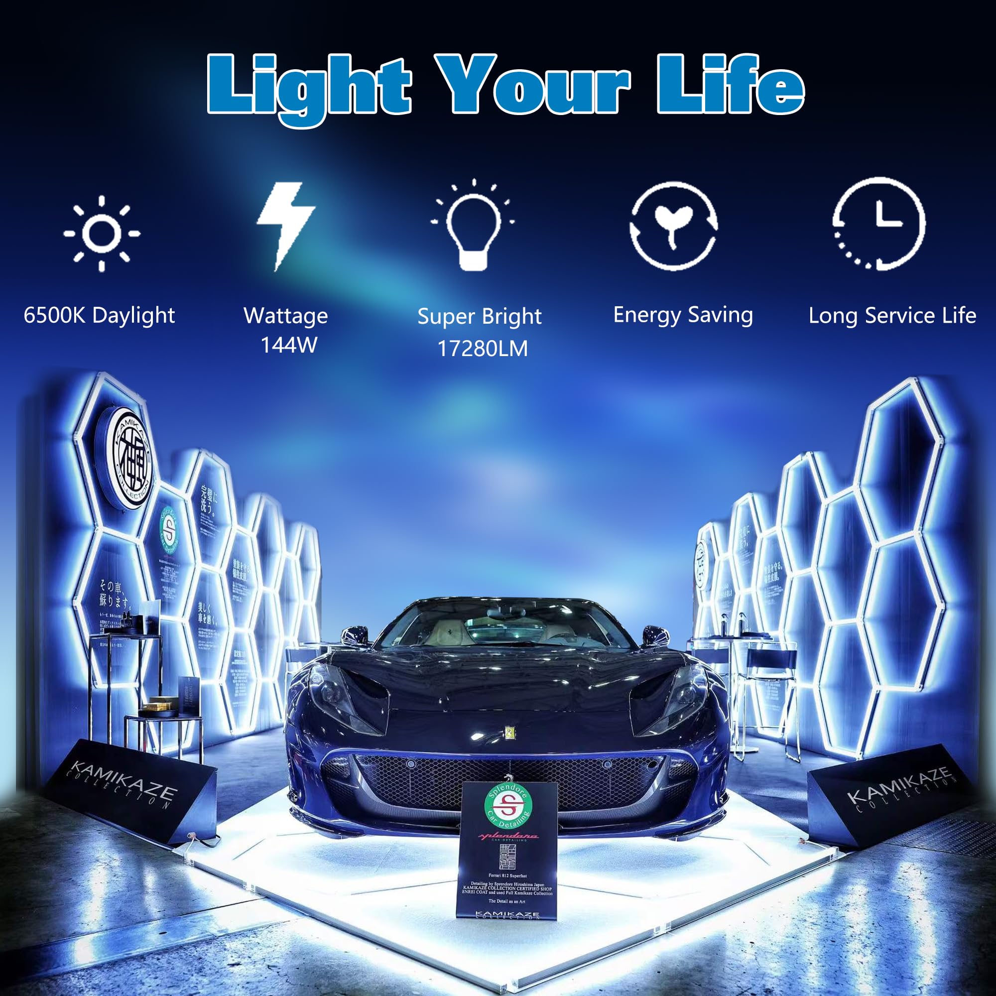 Wanzvisk Hexagon Led Lights,5 Pack 144W 17280LM Super Bright Hexagon Garage Ceiling Light for Gym Shop Basement Car Detailing Hexcal Studio Lighting