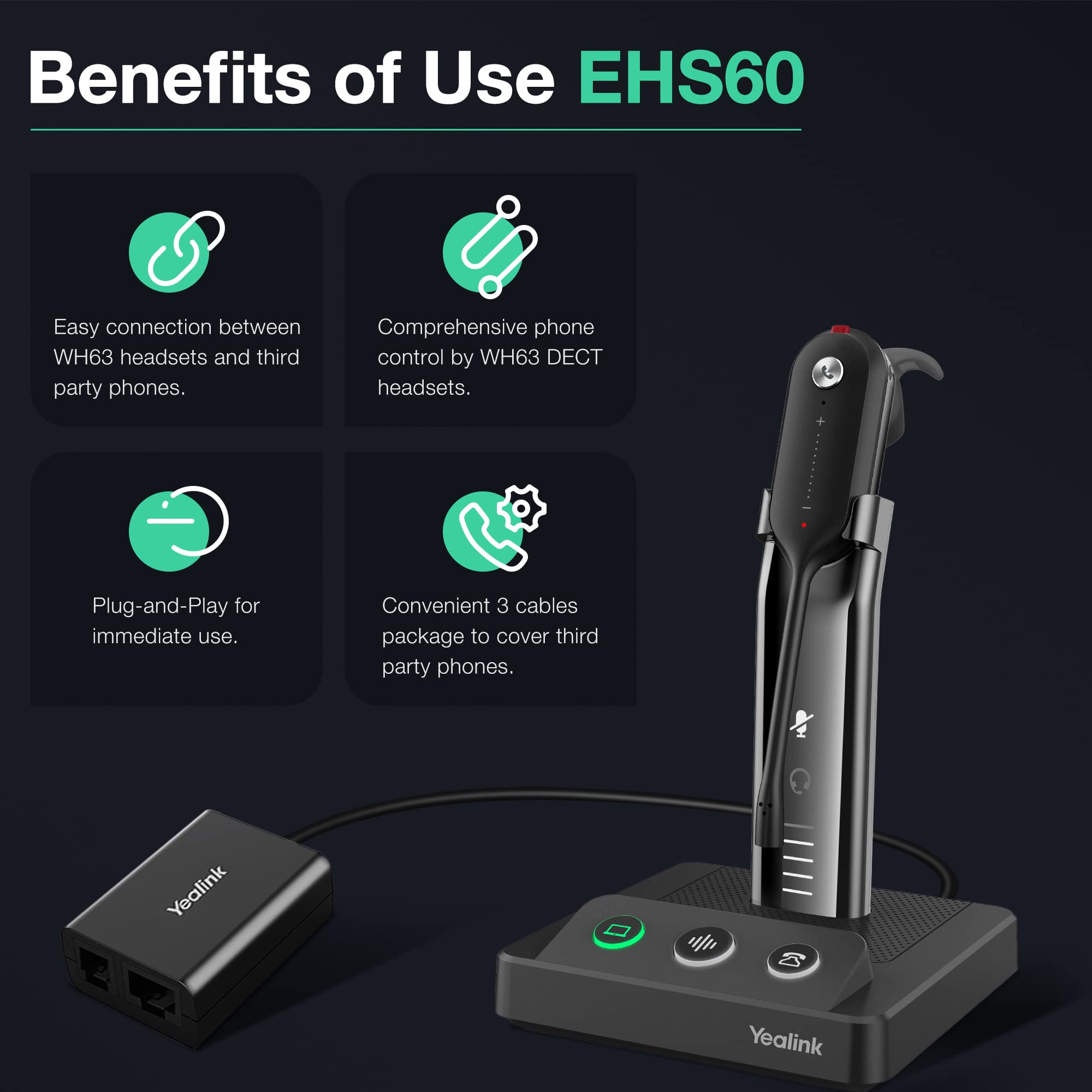 Yealink WH63 Wireless Headset with EHS60 Adapter DECT Headset Teams Zoom Certified Headset Compatible for Cisco Avaya Poly Grandstream IP VoIP Phones SIP Phones Noise Canceling Mic Stereo Single Ear