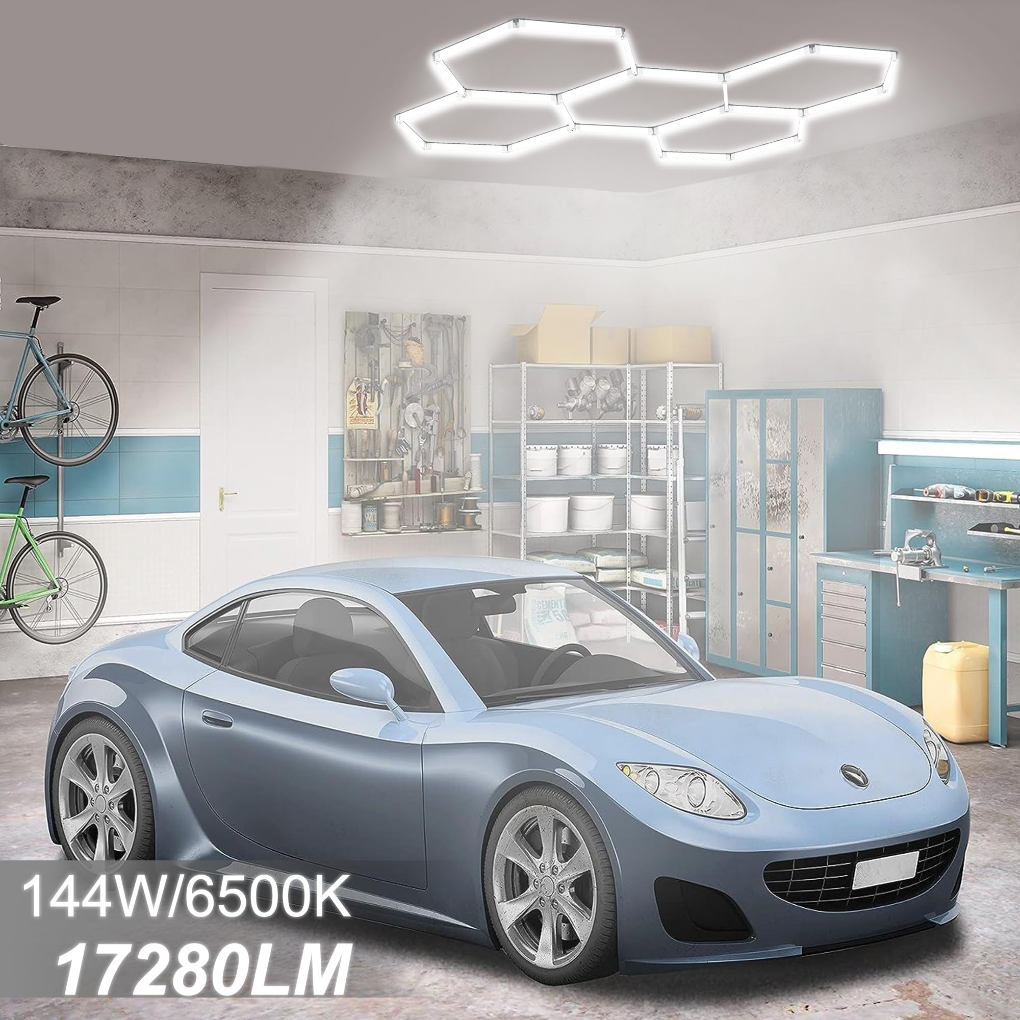 Wanzvisk Hexagon Led Lights,5 Pack 144W 17280LM Super Bright Hexagon Garage Ceiling Light for Gym Shop Basement Car Detailing Hexcal Studio Lighting