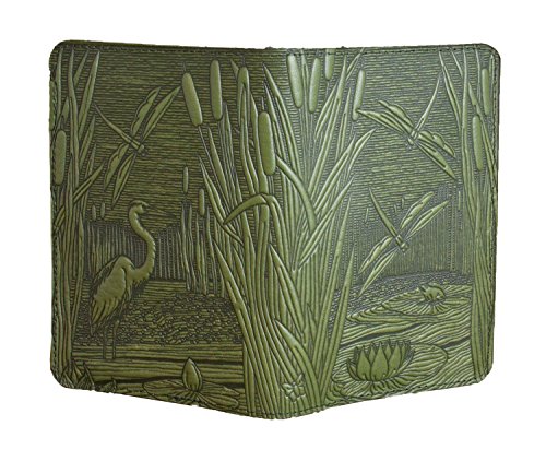 Oberon Design Dragonfly Pond Pocket Notebook Cover, Fits Many 5.5 x 3.5 Inch Notebooks, Embossed Genuine Leather, Fern Color, Made in the USA