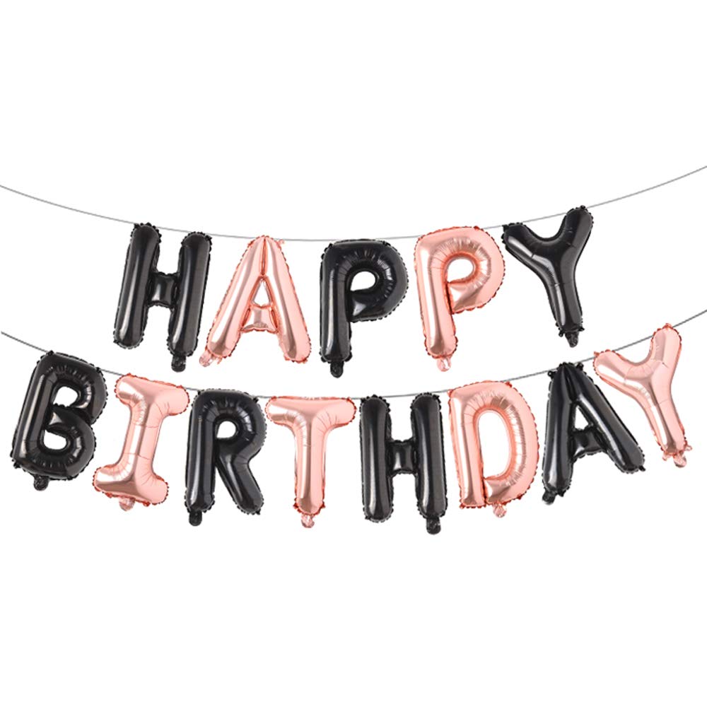 Happy Birthday Balloons, Aluminum Foil Banner Balloons for Birthday Party Decorations and Supplies (Black Rose Gold)
