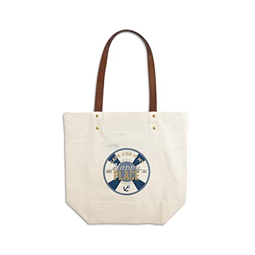 Cape Cod, Massachusetts, Cape Cod is My Happy Place, Contour (Canvas Deluxe Tote Bag, Faux Leather Handles & Zip Pocket)