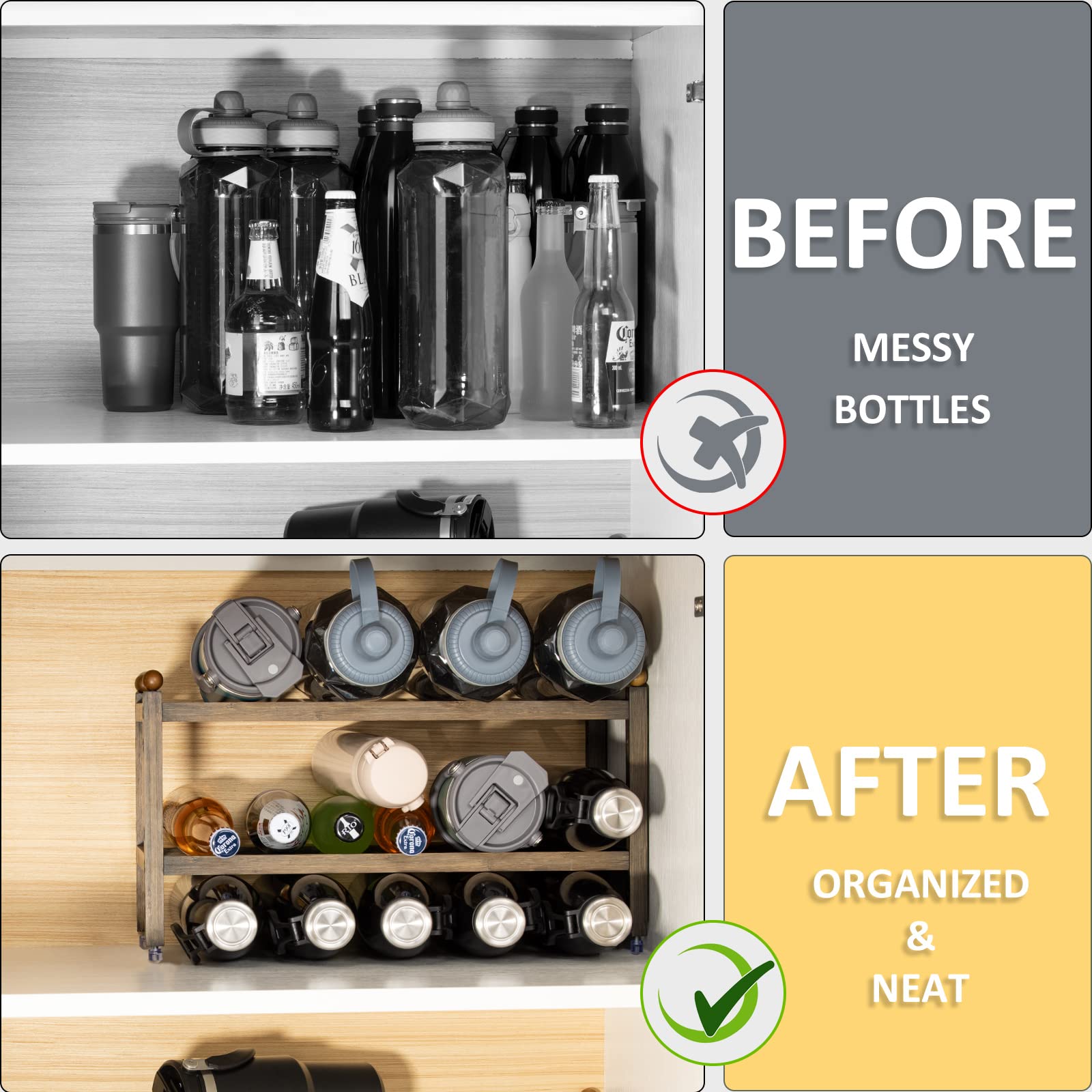 Yangbaga Adjustable Bamboo Water Bottle Organizer , Kitchen Pantry Water Bottle Storage Rack for Cabinets, Home Cup and Wine Bottle Holder Shelf Organizers, 3 Pack 8-Slot, Hold 24 Bottles