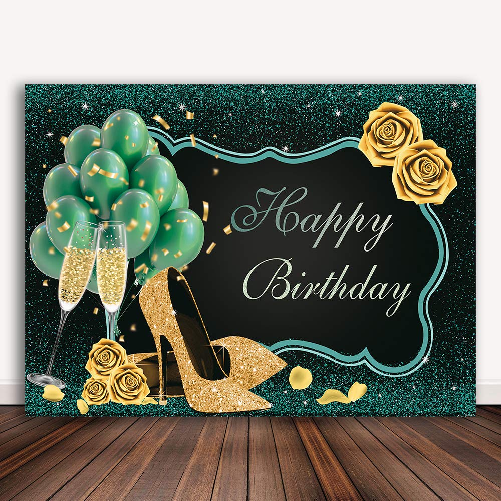 Bellimas Happy Birthday Backdrop Green and Black Women Birthday Party Banner High Heels Champagne Gold Rose Background Birthday Prom Party Supplies