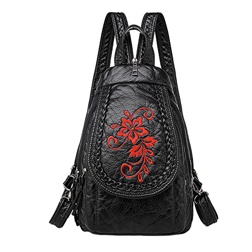 NIGEDU Vintage Embroidered Women Backpacks Soft PU Leather Backpack Purse Small Female Travel Bag High Capacity Black Chest Packs (Red Flower)