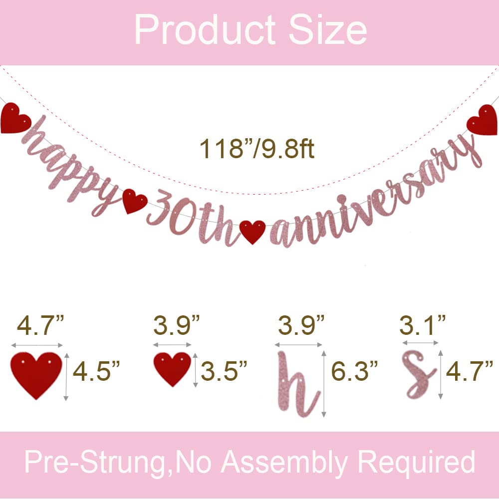 Happy 30th Anniversary Banner, Pre-Strung,Rose Gold Glitter Paper Garlands for 30th Wedding Anniversary Party Decorations Supplies, No Assembly Required,(Rose Gold) SUNbetterland