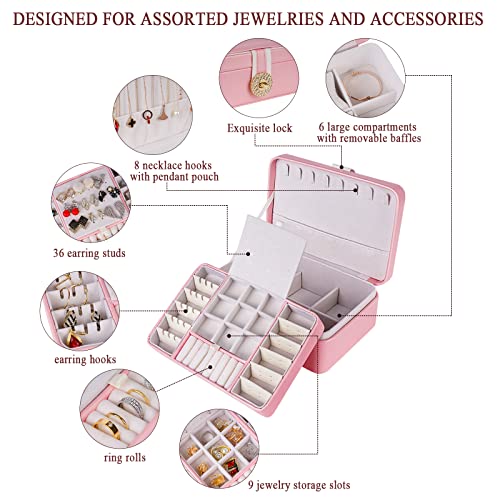 Kioten - 2 Pack Jewelry Box, Travel Jewelry Box Built-Mirror, With 1psc Random Color Perfume Atomizer, Girls And Women Jewelry Box, Adjustable Compartment, Pink