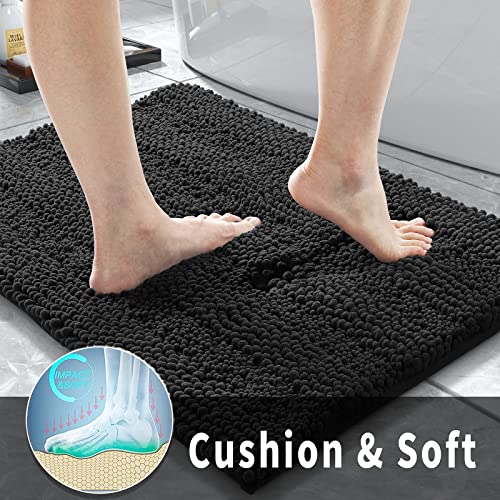 Yimobra Luxury Chenille Shaggy Bathroom Rug Set, 2 Pack Soft Fluffy Plush Bath Mat, Extra Thick, Non-Slip, Water Absorbent, Machine Washable, Bath Mats for Bathroom (Black, 20" x 32"+17" x 24")