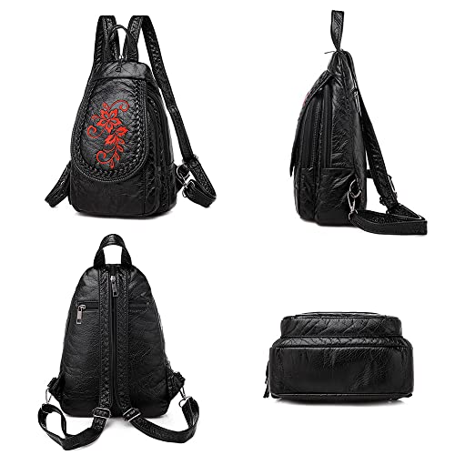 NIGEDU Vintage Embroidered Women Backpacks Soft PU Leather Backpack Purse Small Female Travel Bag High Capacity Black Chest Packs (Red Flower)