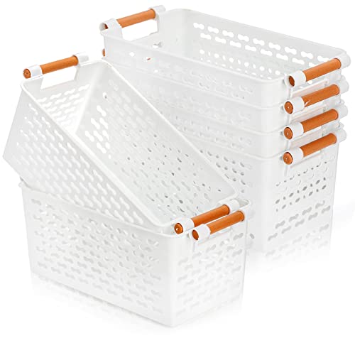 Yesland 6 Pack Plastic Storage Basket, White Organizing Bins Basket with Handles, Sturdy Plastic Closet Baskets Containers for CD, Small Closet Storage in Home Office - 12 x 6 x 5 Inches