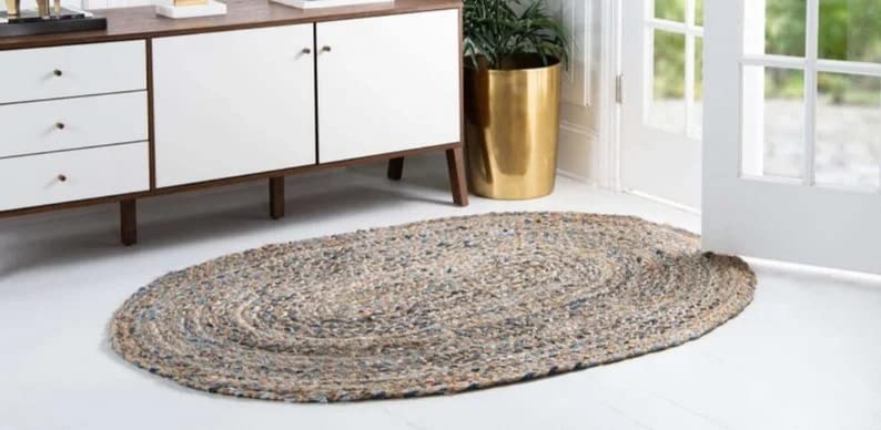 PATEL EXPORTS 2x3, 3x5, 4x6 Oval Jute Rug, Custom Size Oval Chindi Cotton Rugs, Rustic Decor,Home Decor, Rag Rug, Yoga Mat,Cotton Doormat,Area Rug,Oval Braided Rug (4x6 Oval Rug)