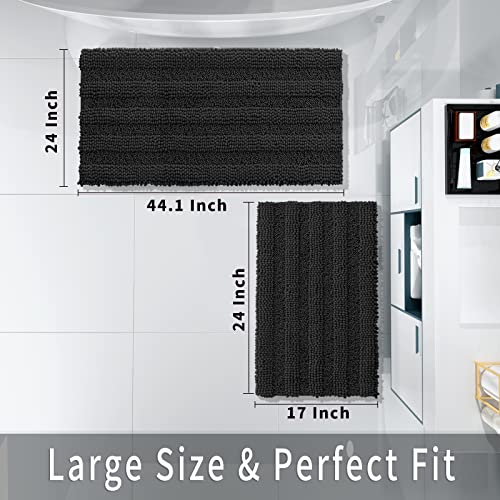 Yimobra Luxury Chenille Shaggy Bathroom Rug Set, 2 Pack Soft Fluffy Plush Bath Mat, Extra Thick, Non-Slip, Water Absorbent, Machine Washable, Bath Mats for Bathroom (Black, 20" x 32"+17" x 24")