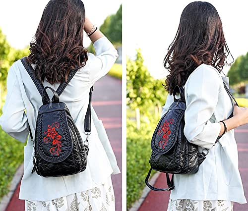 NIGEDU Vintage Embroidered Women Backpacks Soft PU Leather Backpack Purse Small Female Travel Bag High Capacity Black Chest Packs (Red Flower)