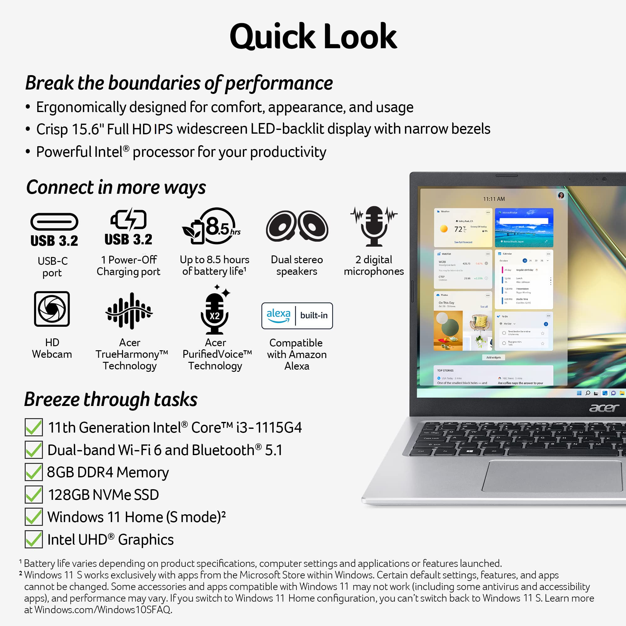 Acer Aspire 5 Slim Laptop, 15.6" Full HD IPS Display, 11th Gen Intel i3-1115G4 Upto 4.1GHz (Beat i5-1035G4), WiFi 6, Amazon Alexa, Windows 11 S(4GB|128GB SSD)