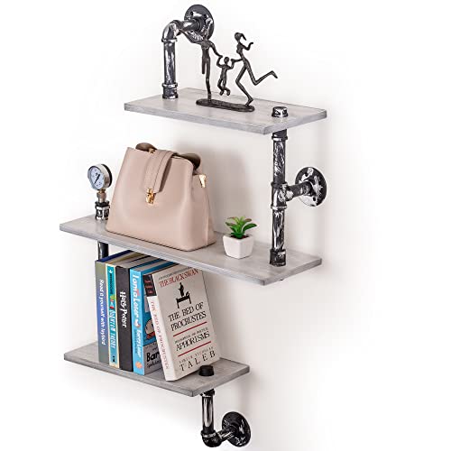 Rawsons Industrial Pipe Rustic Shelves Wall Mounted, 24in Rustic Wood Shelf, 3 Tier DIY Bookshelf, Storage Shelves for Living Room, Bedroom, Office, Farmhouse Bathroom Shelving, Retro,White