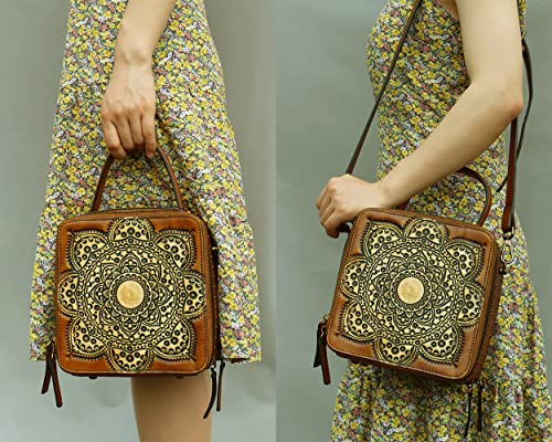 Oludel Women Genuine Leather Handbags, Organizer Leather Lady Satchel Vintage Embossing Totem Crossbody Shoulder Bag (Brown)