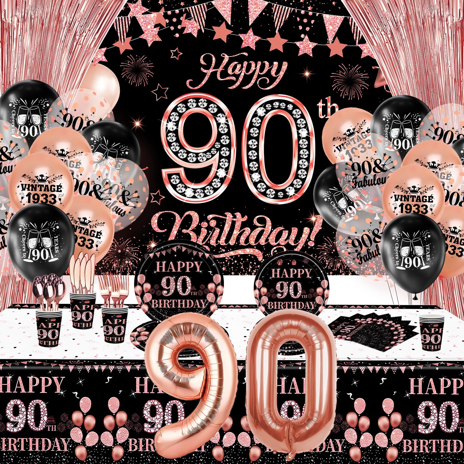 Rose Gold 90th Birthday Decorations for Women Men 150 PCS Black Rose Gold 90th Birthday Party Supplies Includes Rose Gold Happy 90th Birthday Banner Balloons Napkins Cups Tablecloth Plates Foil