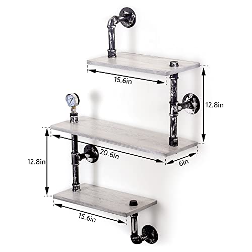 Rawsons Industrial Pipe Rustic Shelves Wall Mounted, 24in Rustic Wood Shelf, 3 Tier DIY Bookshelf, Storage Shelves for Living Room, Bedroom, Office, Farmhouse Bathroom Shelving, Retro,White