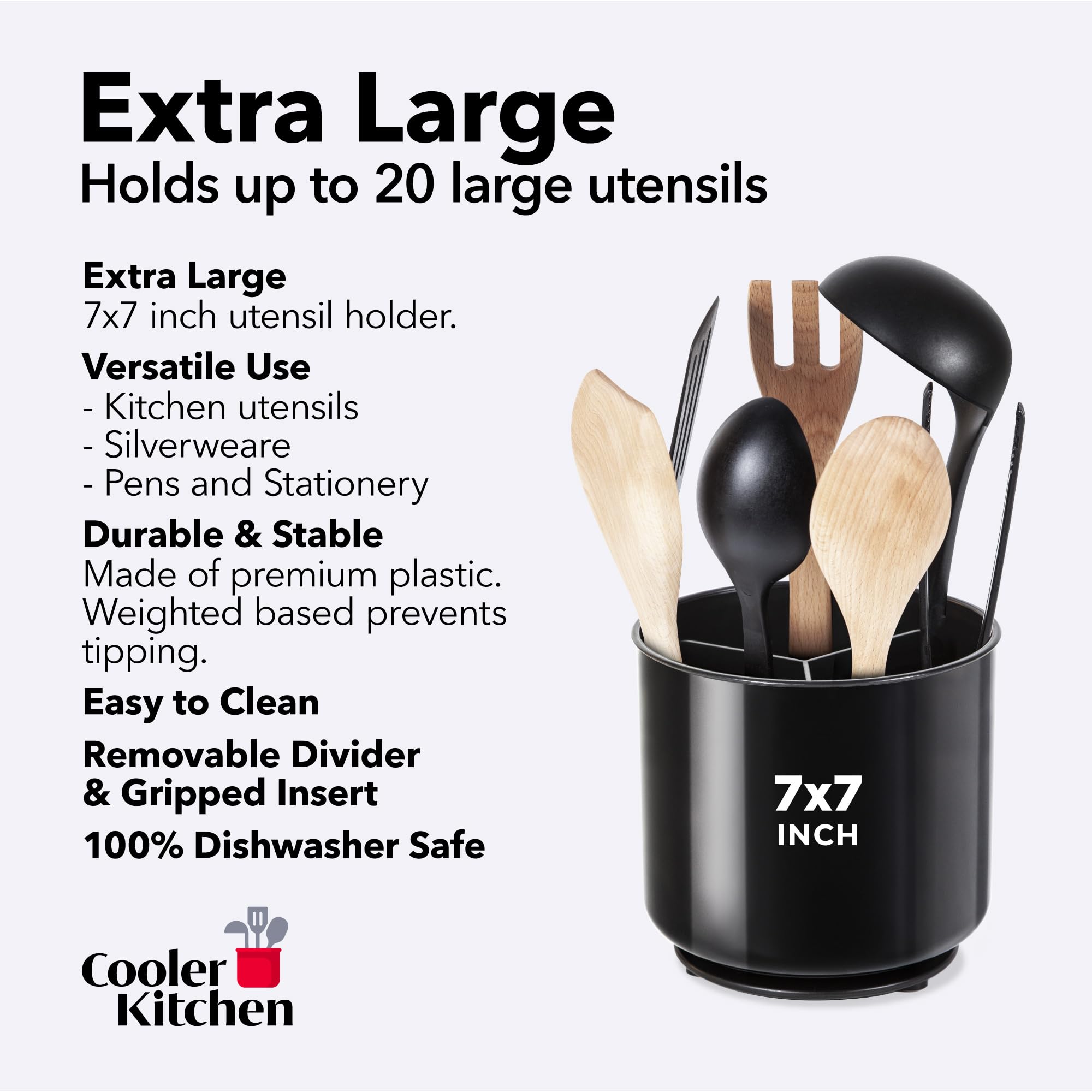 Rotating Extra Large Utensil Holder Crock with No-Tip Weighted Base, Removable Divider, And Gripped Insert - Dishwasher Safe Kitchen Utensil Holder For Kitchen Counter: Cooking Black Utensil Caddy