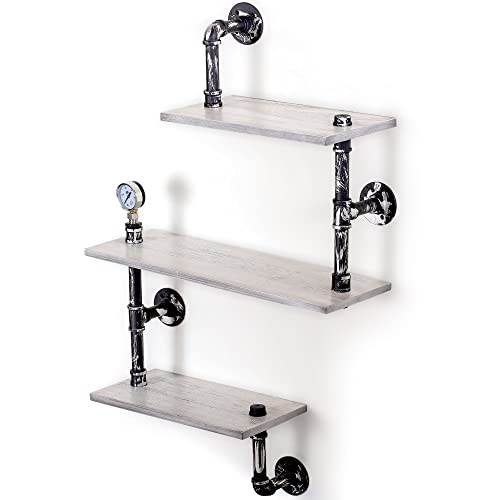 Rawsons Industrial Pipe Rustic Shelves Wall Mounted, 24in Rustic Wood Shelf, 3 Tier DIY Bookshelf, Storage Shelves for Living Room, Bedroom, Office, Farmhouse Bathroom Shelving, Retro,White