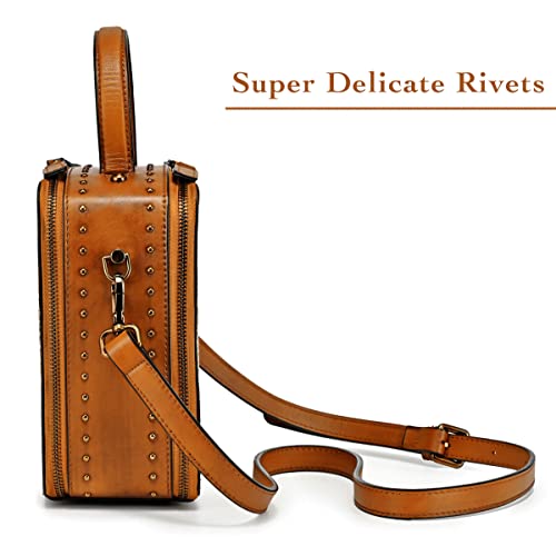 Oludel Women Genuine Leather Handbags, Organizer Leather Lady Satchel Vintage Embossing Totem Crossbody Shoulder Bag (Brown)