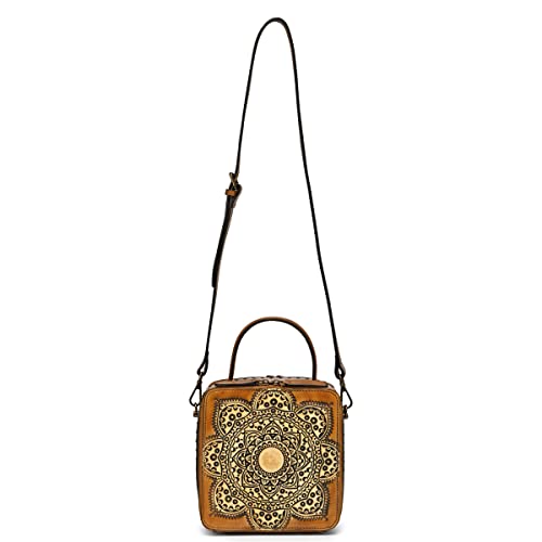 Oludel Women Genuine Leather Handbags, Organizer Leather Lady Satchel Vintage Embossing Totem Crossbody Shoulder Bag (Brown)