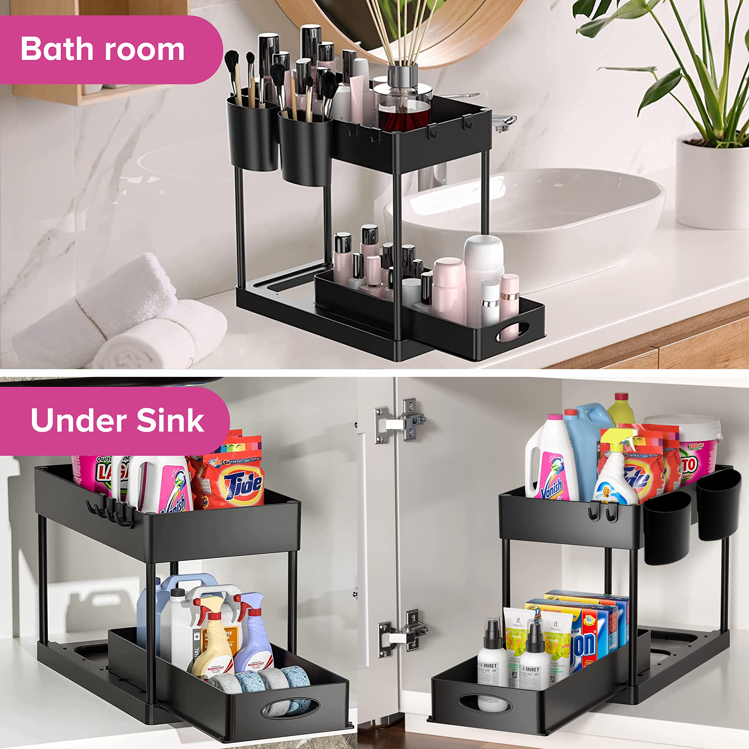 Under Sink Organizers and Storage with 4 Hooks, 2 Hanging Cups & Dividers Under Sink Cabinet Basket Storage 2 Tier Shelf for Bathroom and Kitchen (Black)