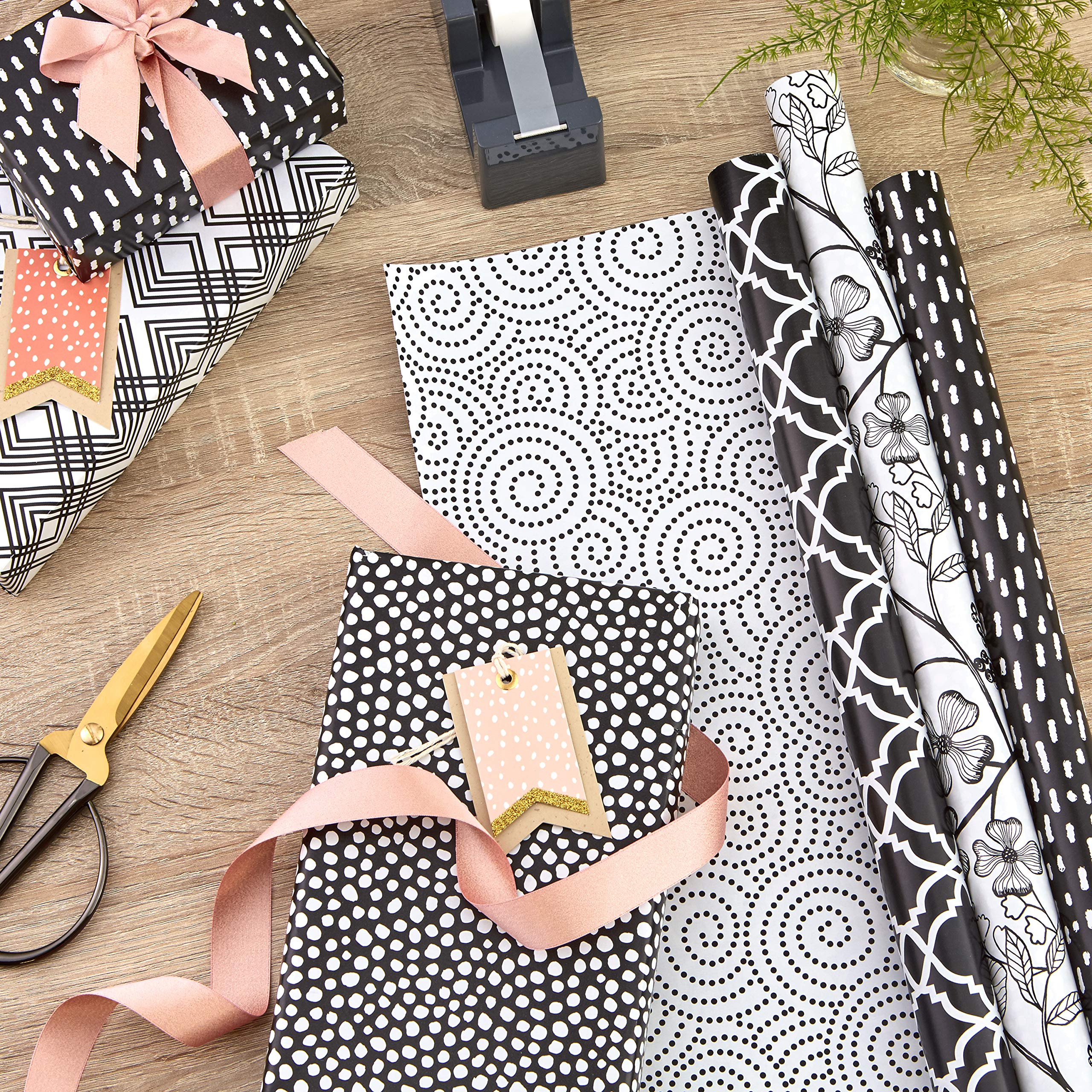 Hallmark All Occasion Reversible Wrapping Paper Bundle - Black and White Flowers and Dots (3-Pack: 75 sq. ft. ttl.) for Birthdays, Weddings, Graduations, Valentine's Day, Anniversaries, Christmas
