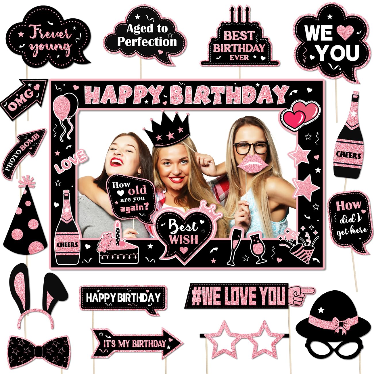 Rose Gold Birthday Party Decorations - Happy Birthday Booth Props & Frame