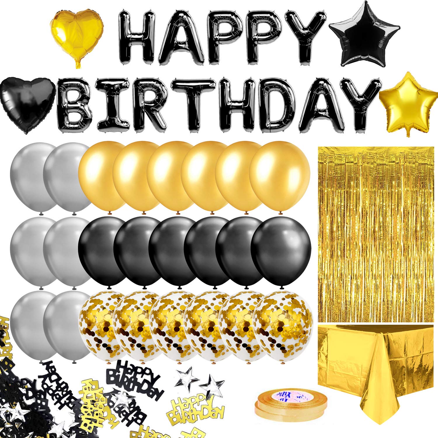 MOVINPE Black Gold Birthday Party Decoration, Black Happy Birthday Banner, Golden Fringe Curtain, Foil Tablecloth, Heart Star Confetti Balloons, 10g Table Confetti for Girl Boy Kids Men Women Adults