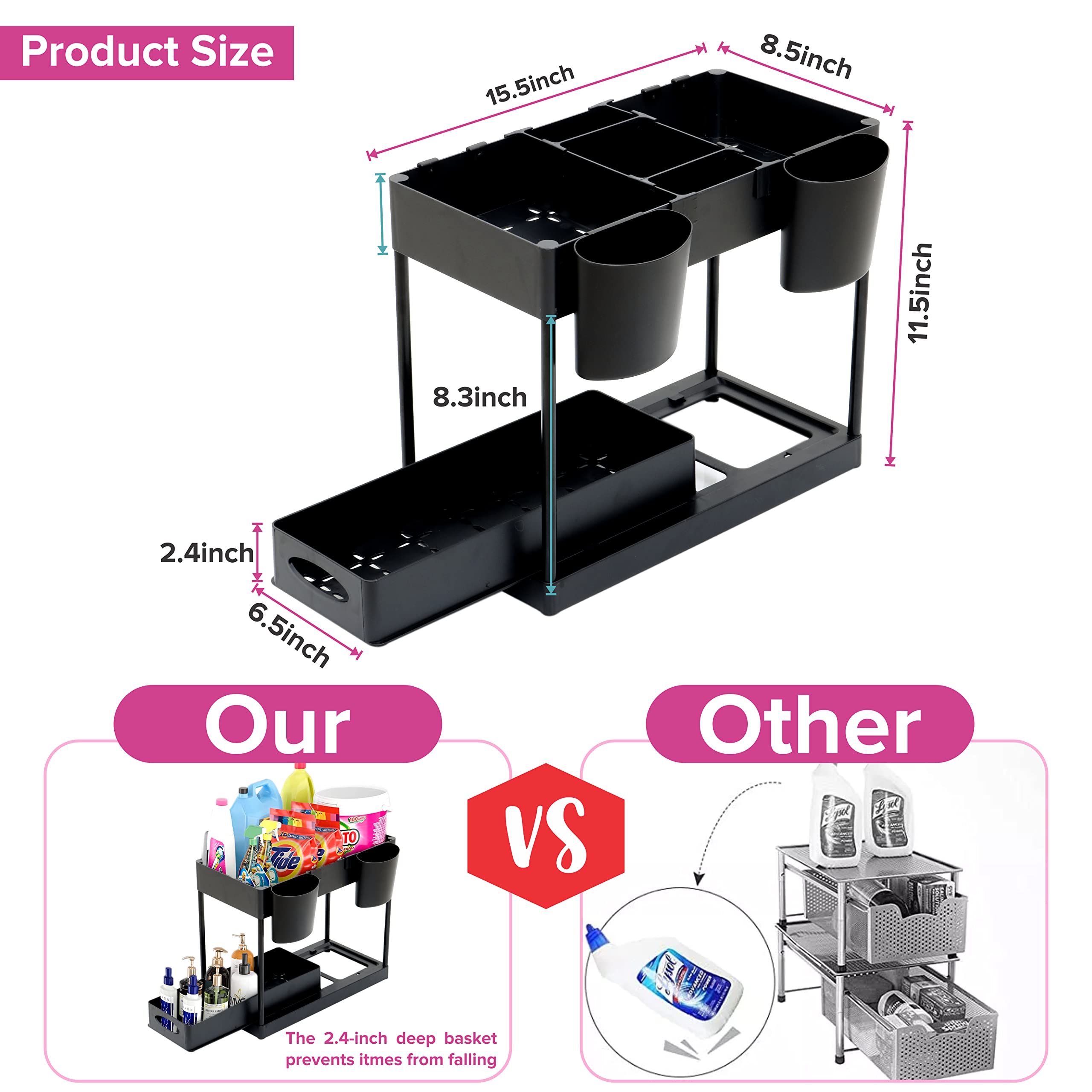 Under Sink Organizers and Storage with 4 Hooks, 2 Hanging Cups & Dividers Under Sink Cabinet Basket Storage 2 Tier Shelf for Bathroom and Kitchen (Black)