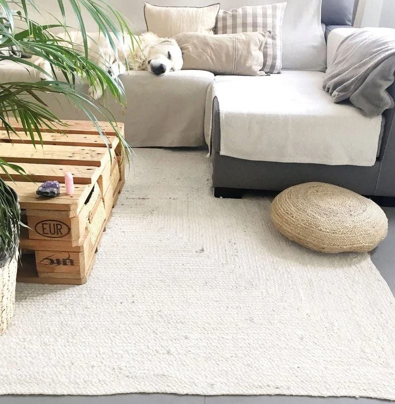 Indian White-Beige Scandinavian Rug. Pattern Hemp Jute Rug. Ivory&Beige Rug. Handwoven Rug. 100% Natural Rug (4' x 6'Braided Rug)