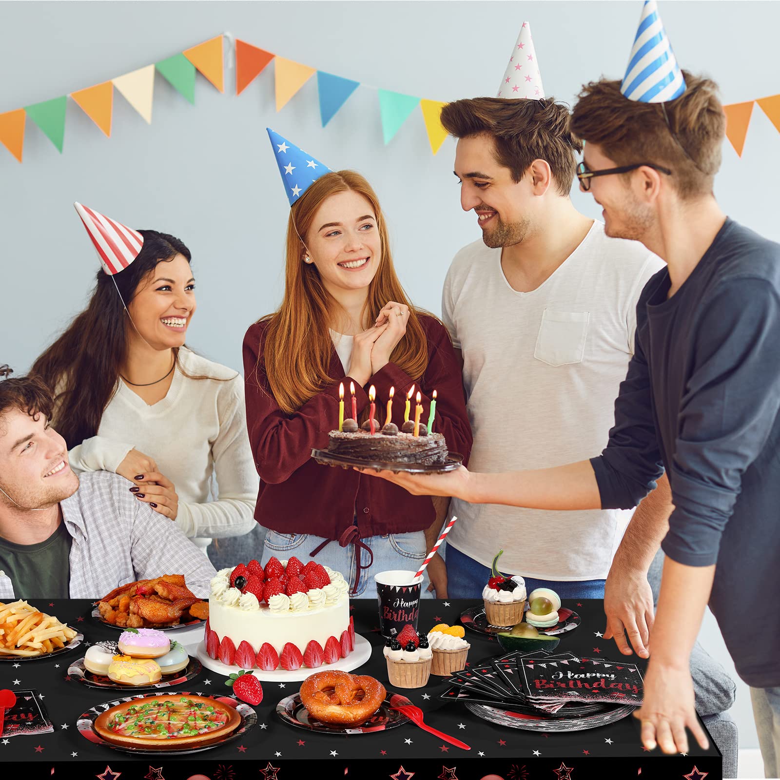 Capoda Birthday Party Supplies Happy Birthday Tableware Set Confetti Starry Tablecloth Plates Cups Napkins Dinnerware for Kids Adults Party Supplies Decor(Red and Black)