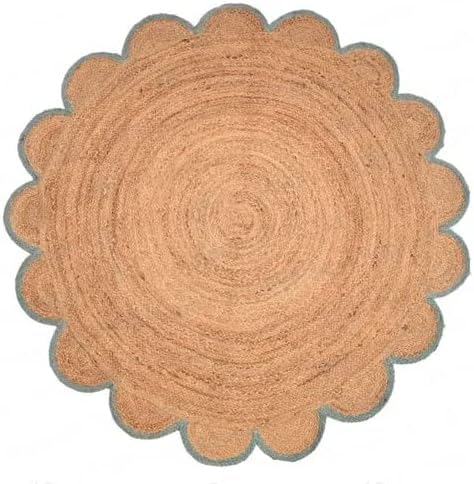 KALVEERA 5x5, 6x6, 4x4, 3x3ft Jute Area Rug Natural Jute Scallop Round Rug, Floor Scalloped Circular Handmade Braided Boho Eco Large Circular Handmade Area Rugs (4x4 Ft Round Rug, Turquoise)