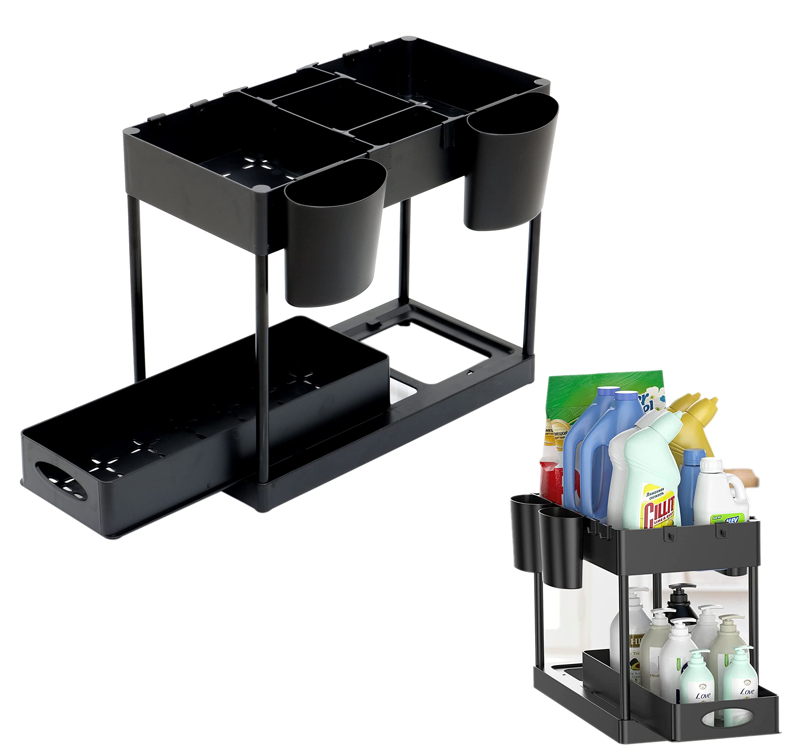 Under Sink Organizers and Storage with 4 Hooks, 2 Hanging Cups & Dividers Under Sink Cabinet Basket Storage 2 Tier Shelf for Bathroom and Kitchen (Black)