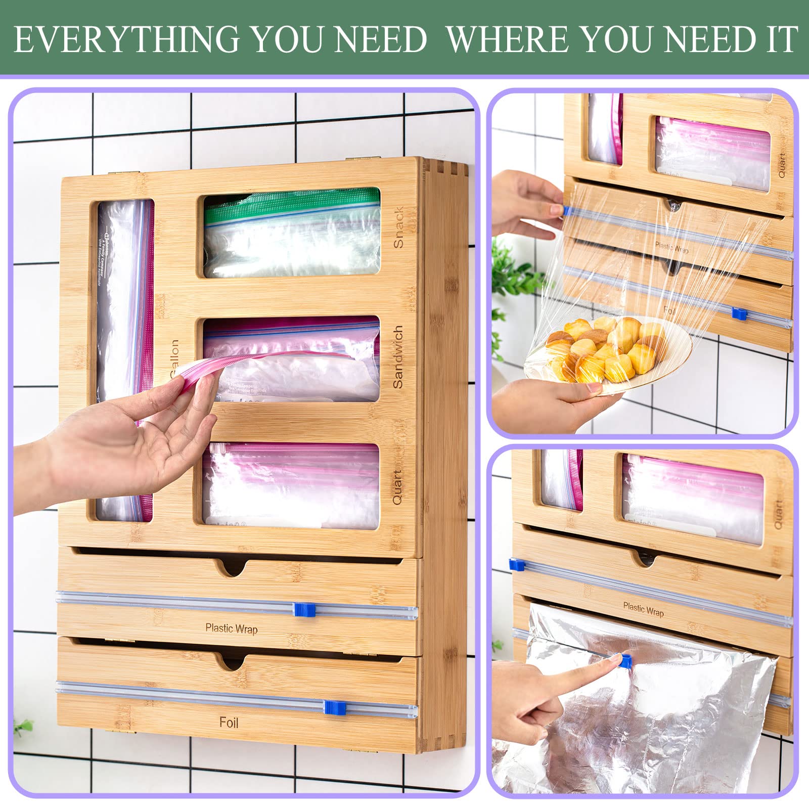 SWILLT - Premium Bamboo Ziplock Bag Organizer for Kitchen Drawer Organizer or Pantry Wall [Exclusive 3 Layer Top Design] -Integrated 2 in 1 Aluminum Foil and Plastic Wrap Dispenser with Cutters- The Perfect Deals/ Holiday Organization Gift