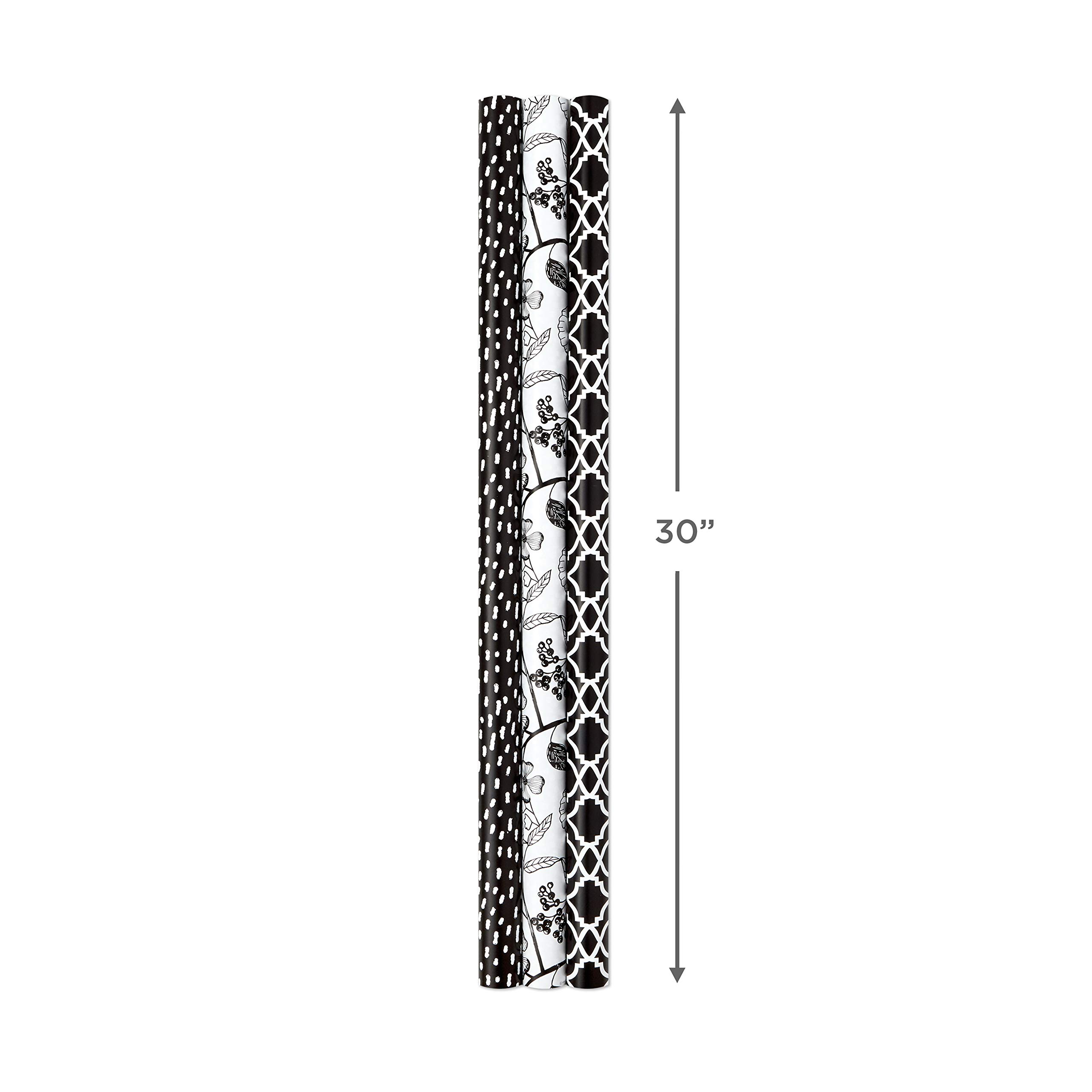 Hallmark All Occasion Reversible Wrapping Paper Bundle - Black and White Flowers and Dots (3-Pack: 75 sq. ft. ttl.) for Birthdays, Weddings, Graduations, Valentine's Day, Anniversaries, Christmas
