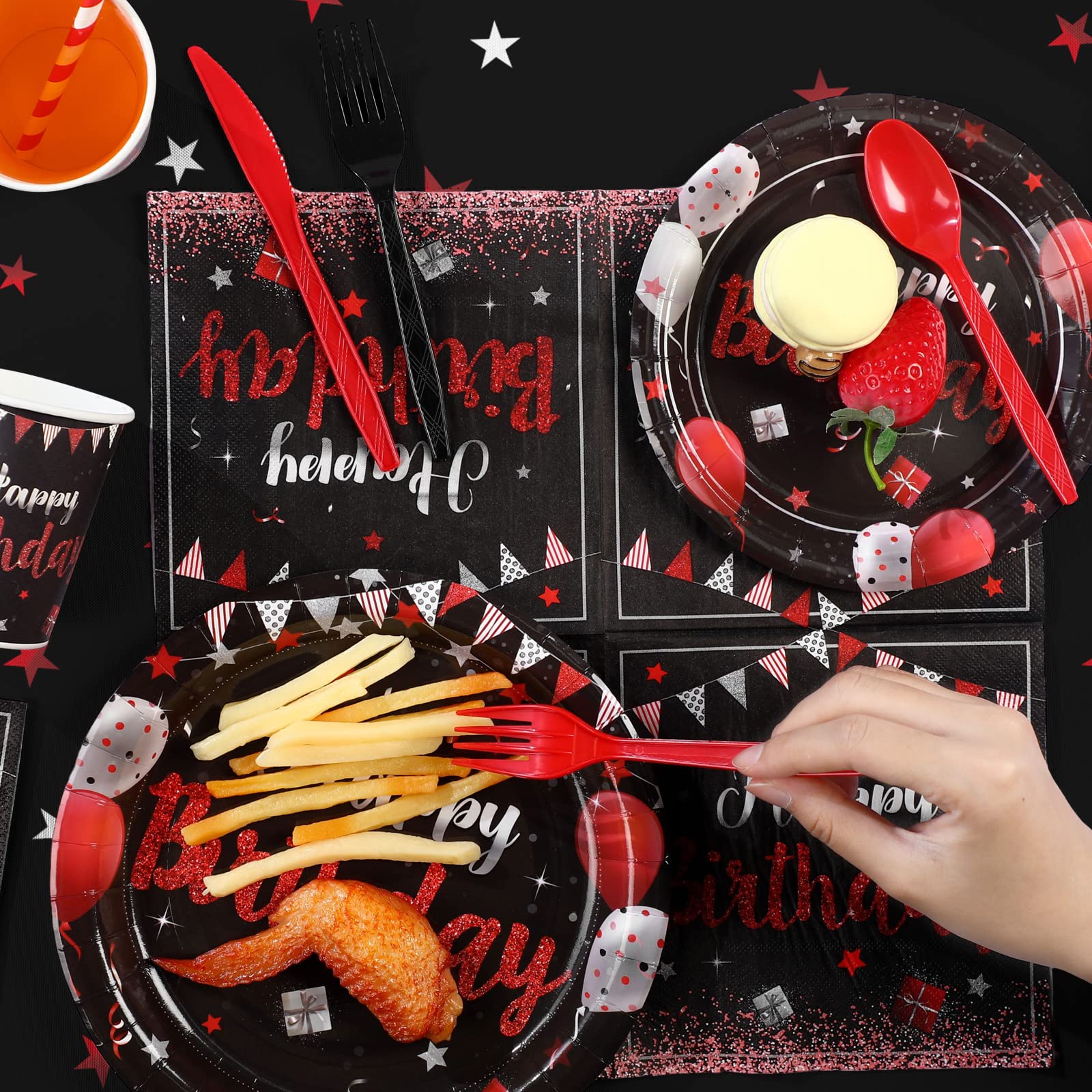 Capoda Birthday Party Supplies Happy Birthday Tableware Set Confetti Starry Tablecloth Plates Cups Napkins Dinnerware for Kids Adults Party Supplies Decor(Red and Black)