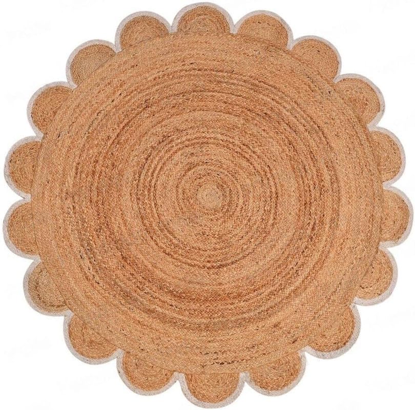Laxmi Exports 4x4, 5x5, 6x6,feet Natural Jute Scallop Round Rug, Floor Scalloped Edge Rug Braided Boho Eco Large Circular Handmade Area Rugs (WHT_3x3)