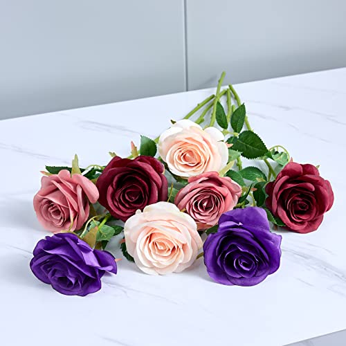 Helera 12pcs Roses Artificial Flowers Fake Rose Blush Pink Silk Roses Pink Silk Flowers Rose with Long Stems for Wedding Home Party Centerpieces Decorations