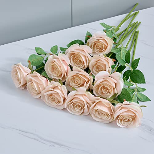 Helera 12pcs Roses Artificial Flowers Fake Rose Blush Pink Silk Roses Pink Silk Flowers Rose with Long Stems for Wedding Home Party Centerpieces Decorations